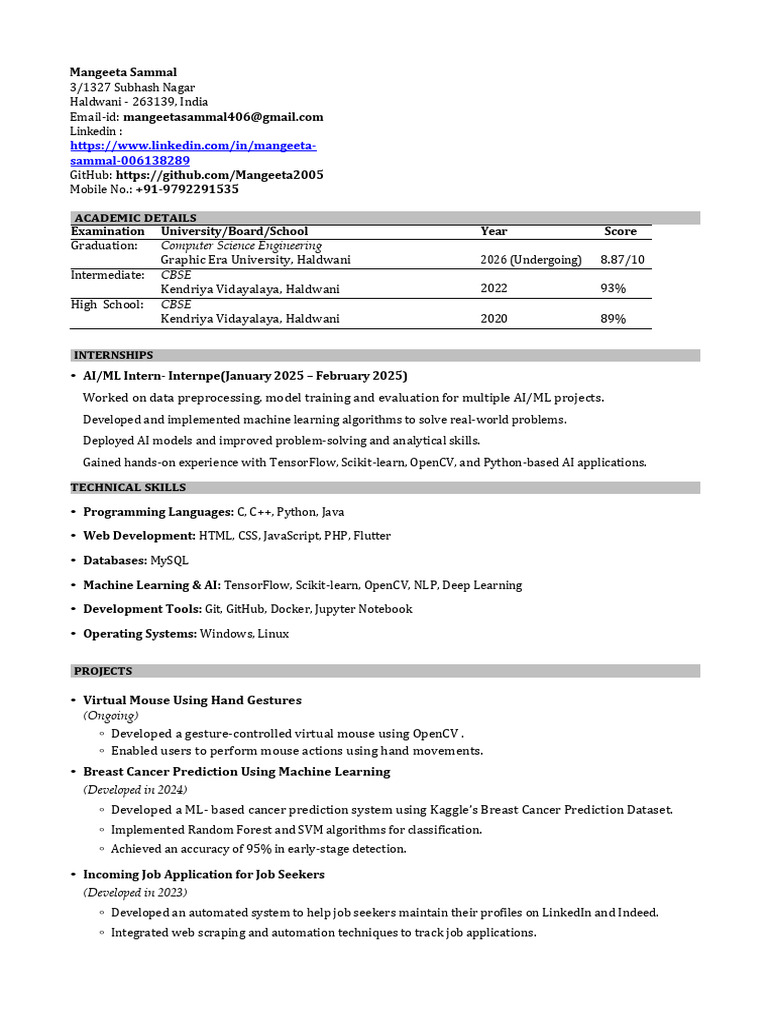 Mangeeta Sammal Resume | PDF | Machine Learning | Artificial Intelligence