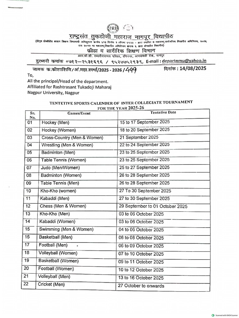 RTMNU I.C. Tentative Sports Calender 25-26 | PDF