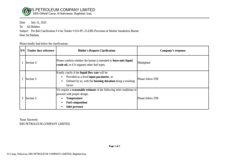 Pre-Bid Clarification #4 For Tender 014-PC-25-EBS | PDF