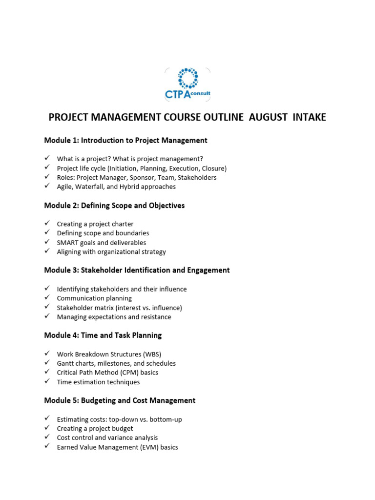 Project Management Course Outline August Intake | PDF | Project ...