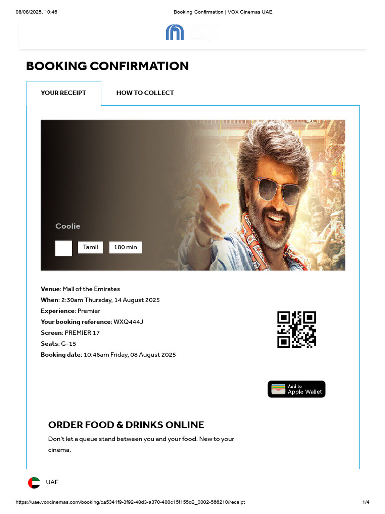 VOX Cinema Booking Confirmation WXQ444J | PDF