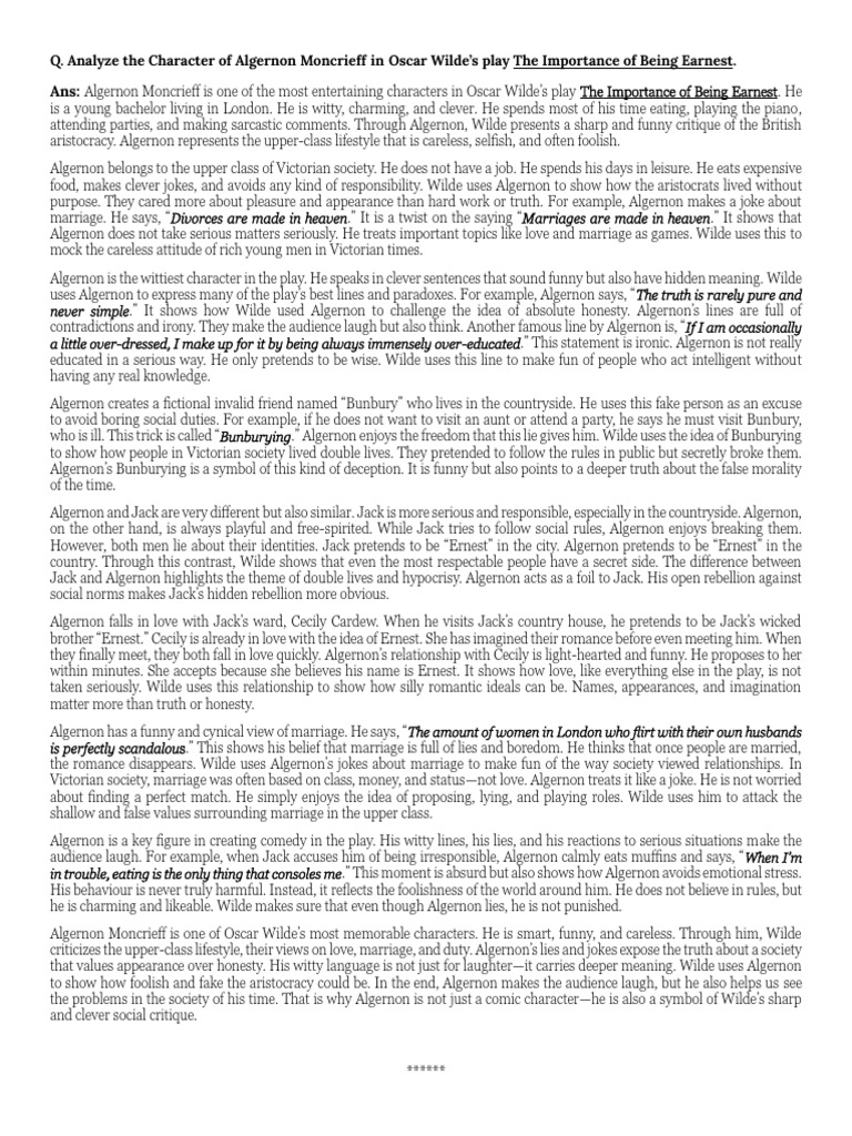 Q. Analyze the Character of Algernon Moncrieff in Oscar Wilde’s Play ...