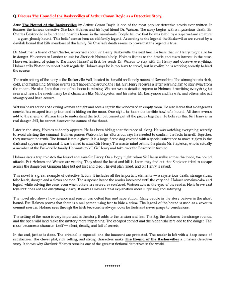 Q. Discuss The Hound of The Baskervilles of Arthur Conan Doyle As A ...