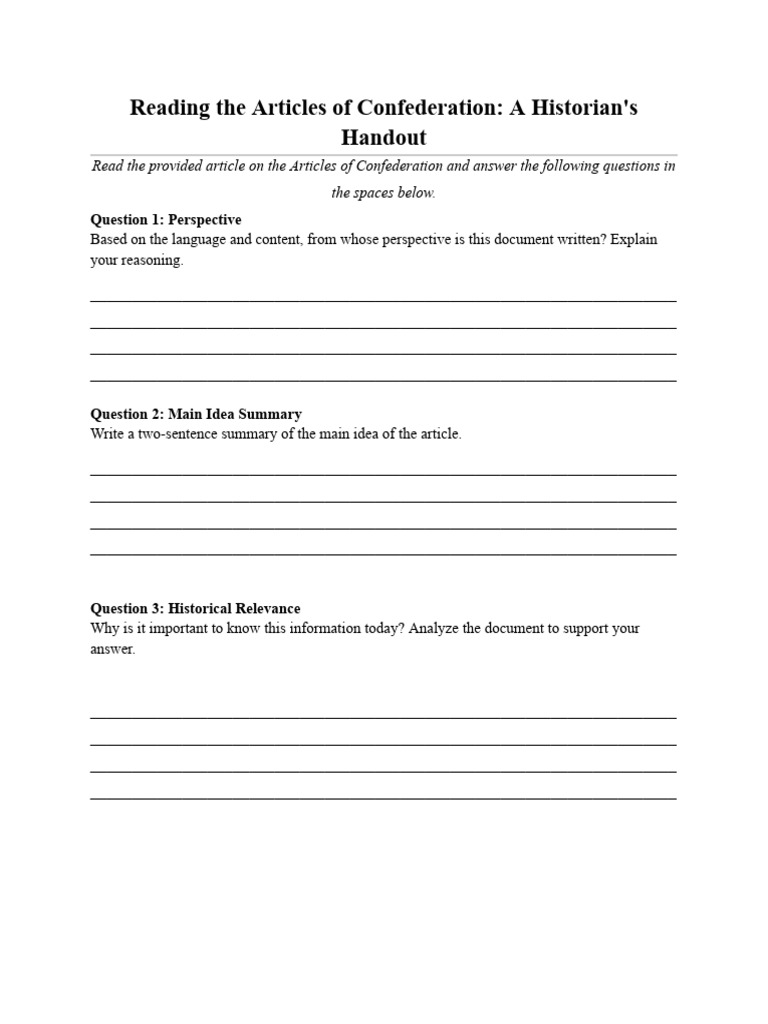 Reading The Articles of Confederation - A Historian's Handout | PDF