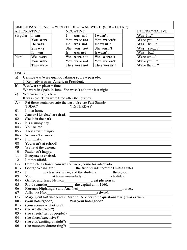 Simple Past Verb To Be | PDF