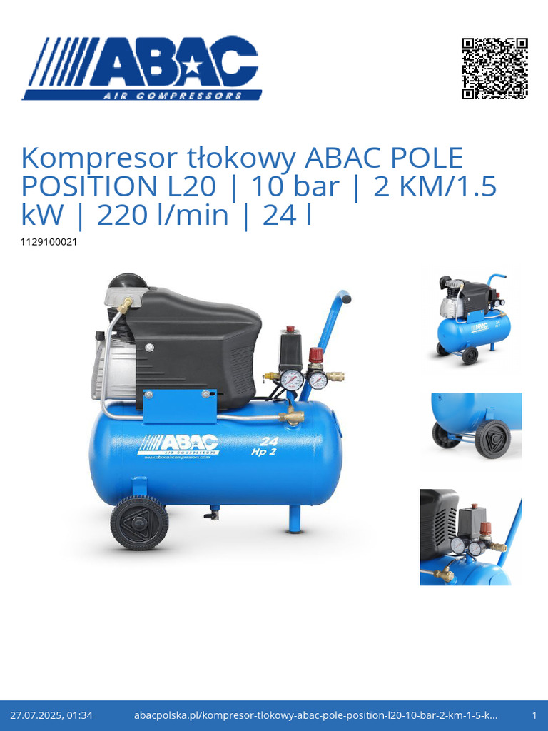 Kompresor T Okowy ABAC POLE POSITION L20 10 Bar 2 KM 1 5 KW 220 L Min 24 L | PDF