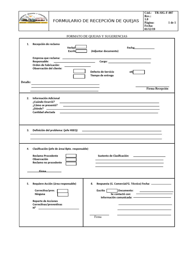 Tr Sig F 007 Formulario De Recepción De Quejas Pdf