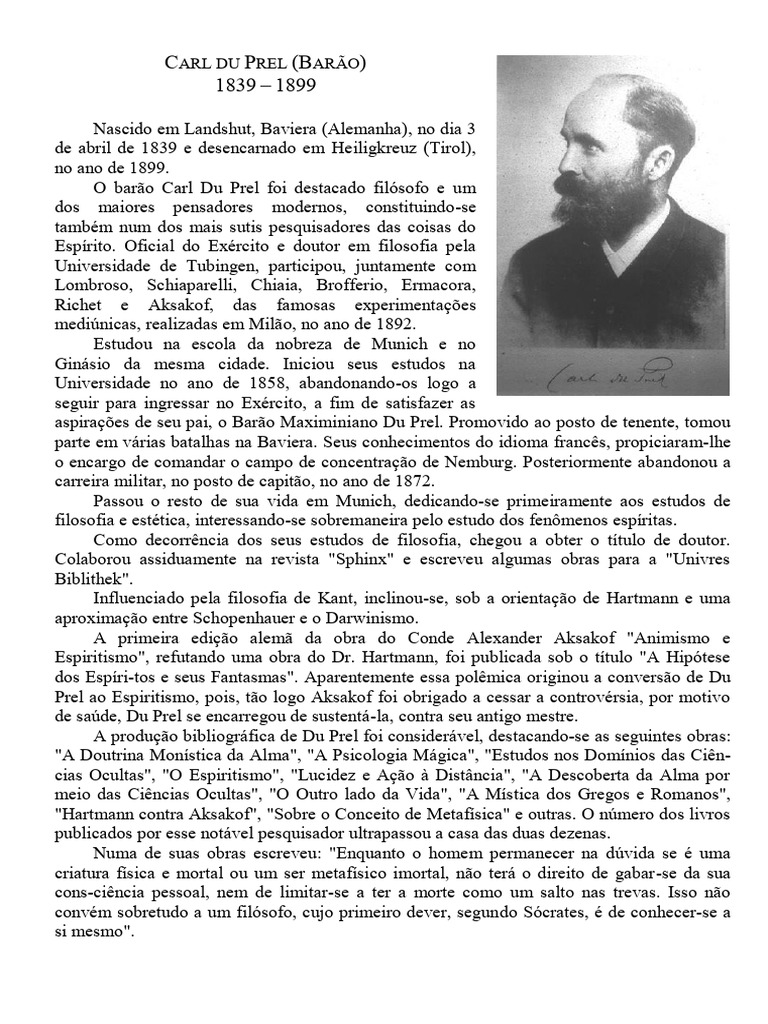 Vida e Obra do Barão Carl Du Prel | PDF