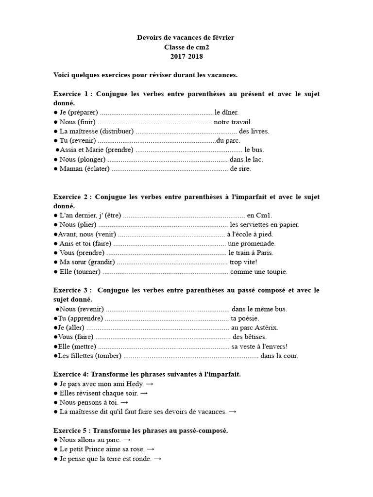 Devoirs de vacances CM2 Février 2018 | PDF