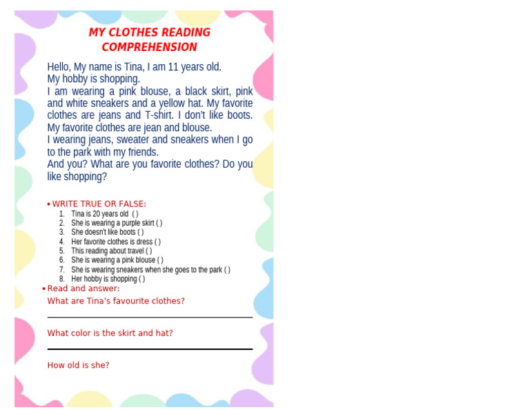 My Clothes Reading Comprehension | PDF