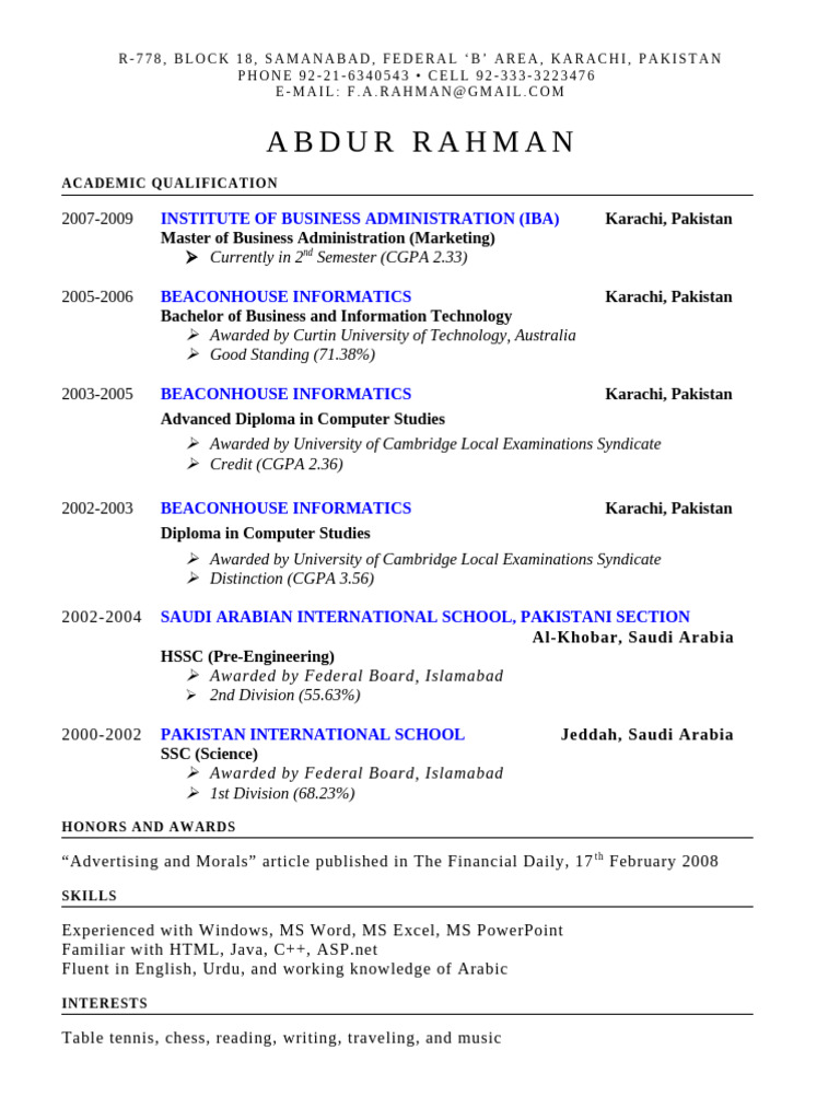 Abdur Rahman Cv Iba Sap | PDF