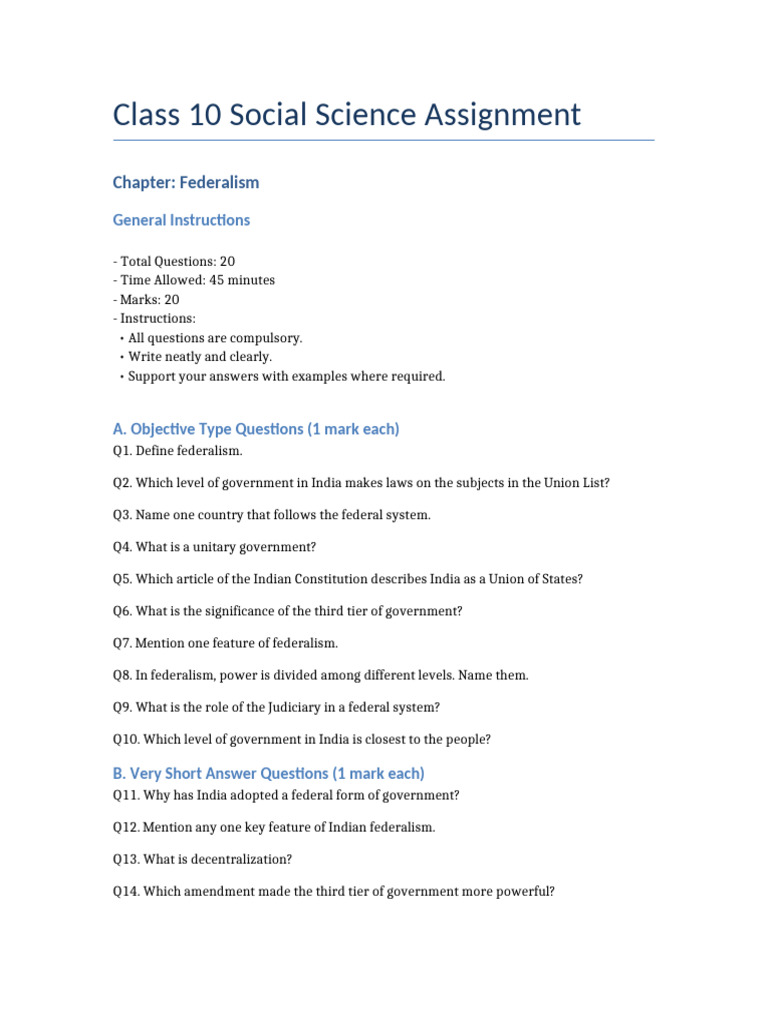 Class 10 SocialScience Assignment Federalism | PDF