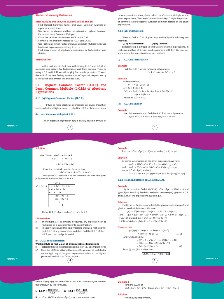 HCF and LCM of Algebraic Expressions | PDF | Factorization | Mathematics