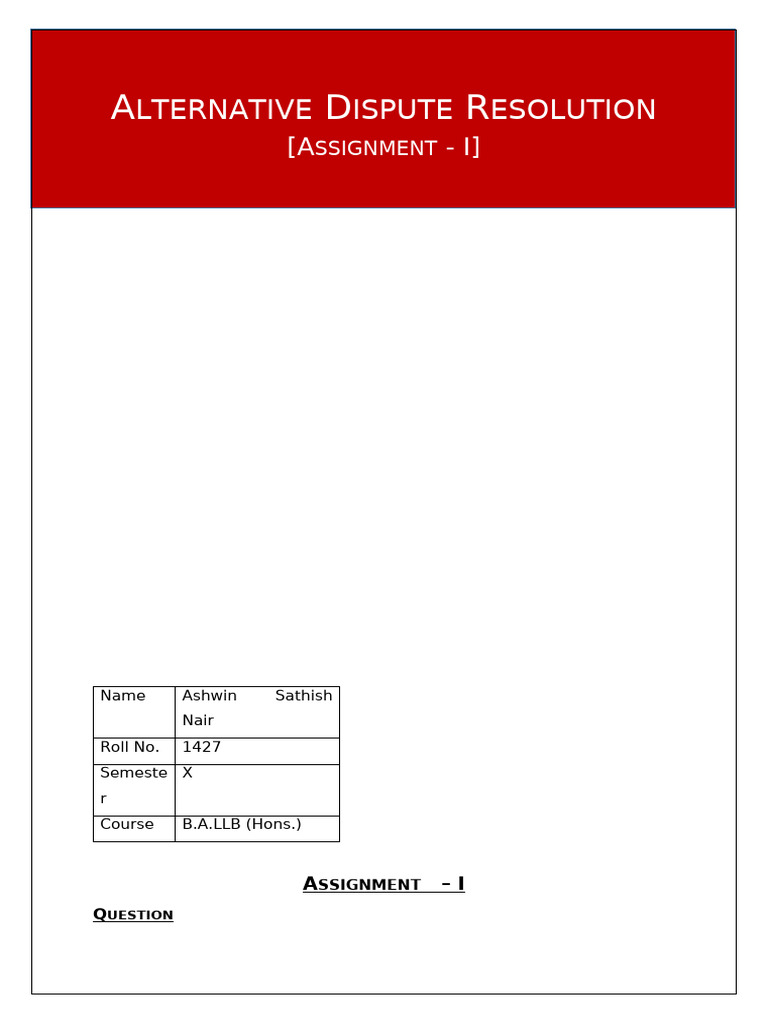 (1427) Assignment-I (Alternative Dispute Resolution) | PDF | Mediation | Dispute Resolution
