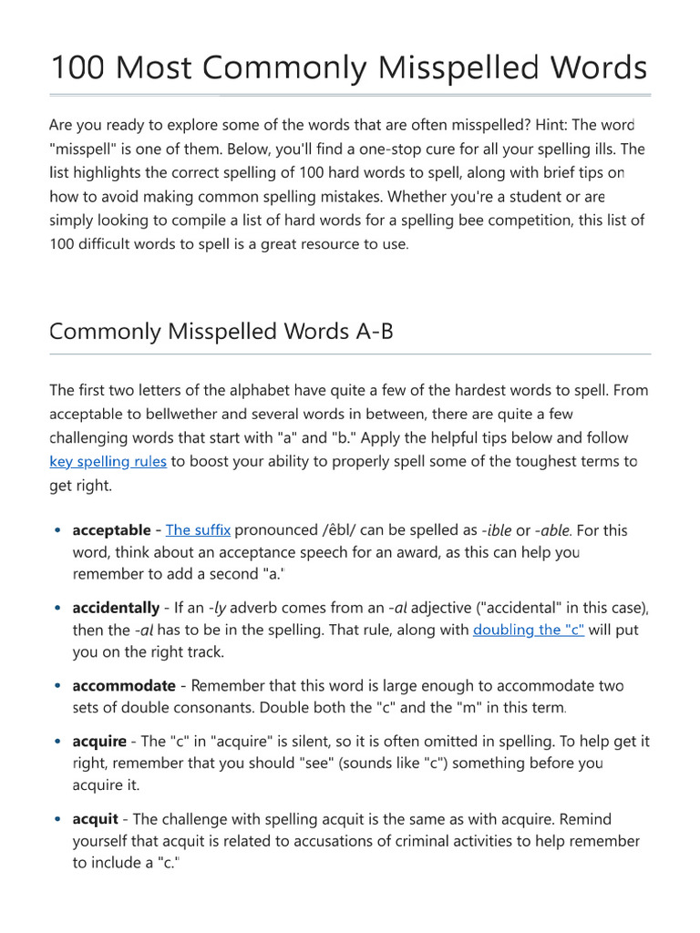 100 Most Commonly Misspelled Words | PDF