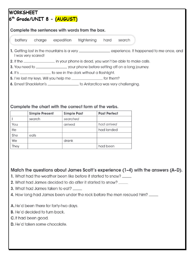 Worksheet - Unit 8 August (6th Grade) | PDF