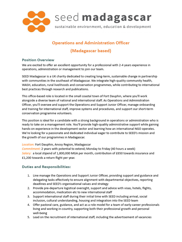 Operations Officer Role in Madagascar | PDF