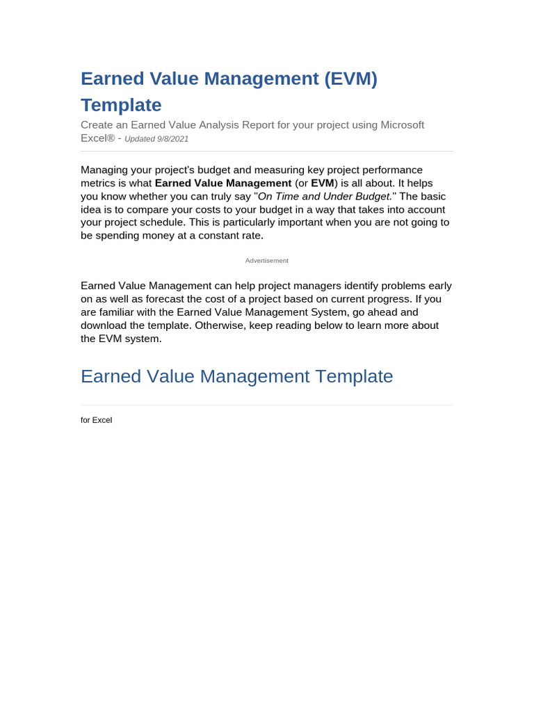 Excel Earned Value Management Template | PDF