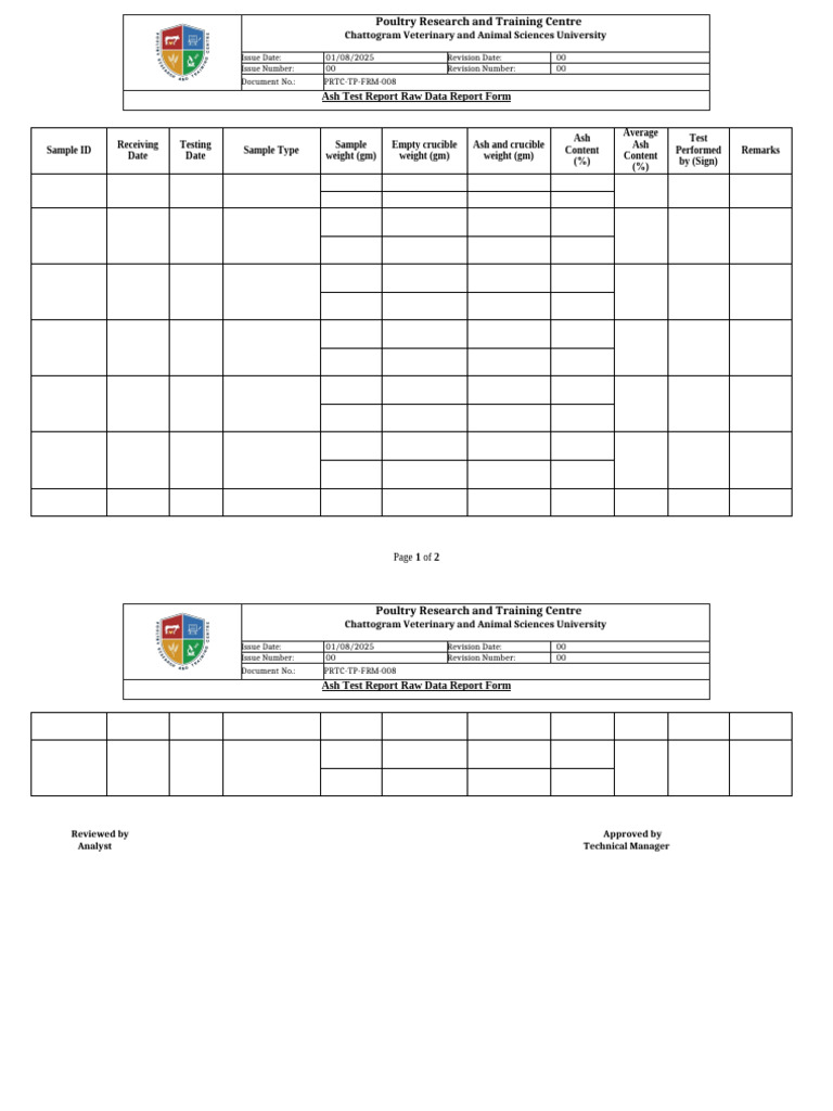 PRTC-TP-FRM-008 Ash Content Raw Data Report Form | PDF