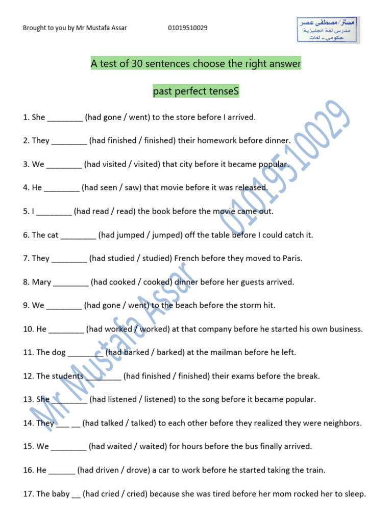 Write A Test of 30 Sentences Choose The Right Answer in English Past ...