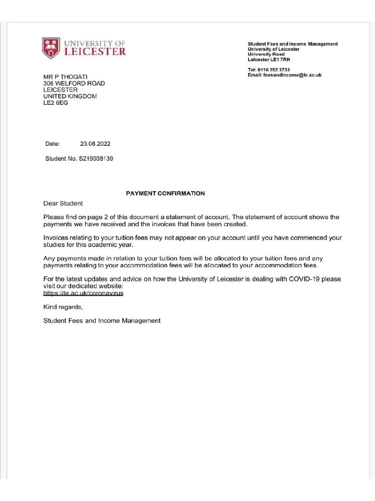 University of Leicester (Fees Payment Slip) | PDF