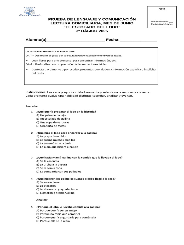 Prueba de Lectura EL Estofado Del Lobo | PDF