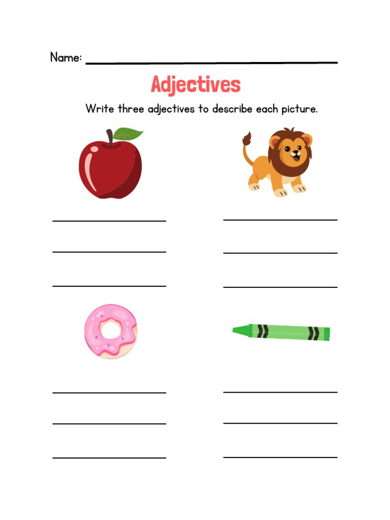 Colorful Illustrative Writing Adjectives English Worksheet | PDF