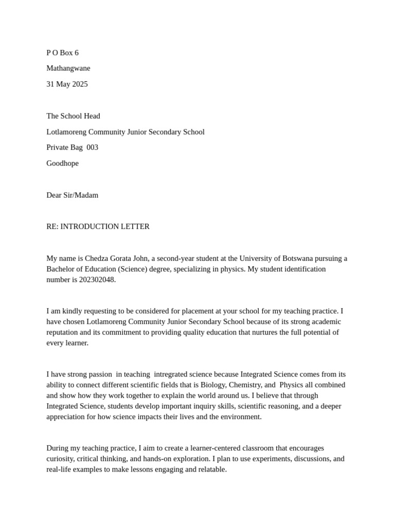 Chedza Introduction Letter | PDF