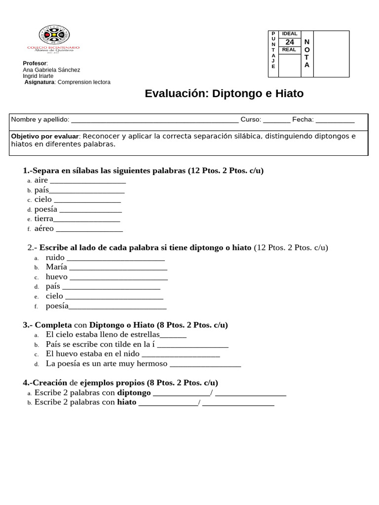 Evaluación de Diptongo y Hiato | PDF | Vocal | Sílaba