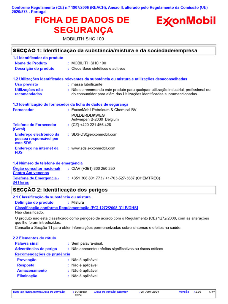 Ficha de Segurança Mobilith SHC 100 | PDF | Desperdício | Toxicidade