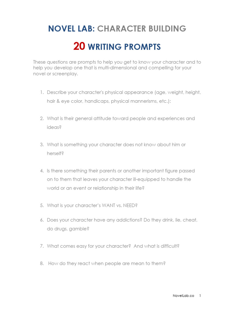 20 CHARACTER Development Writing Prompts by NovelLab | PDF