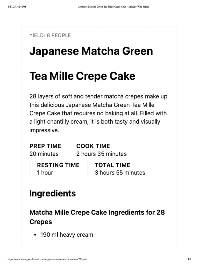 Japanese Matcha Green Tea Mille Crepe Cake - Indulge With Mimi | PDF ...