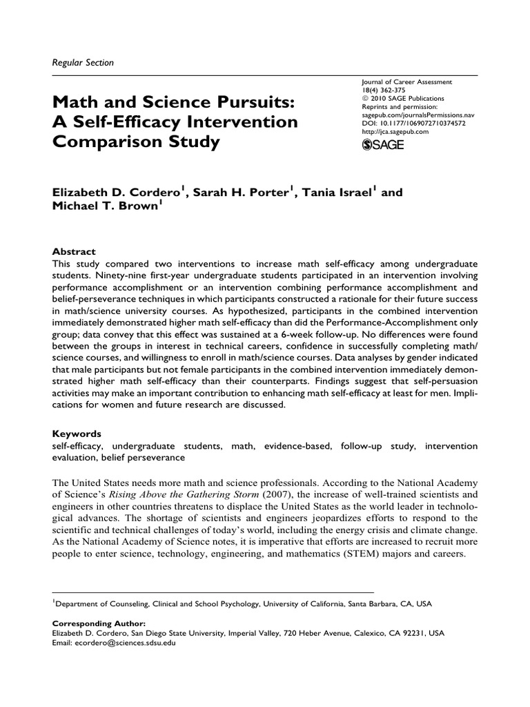 Math and Science Pursuits: A Self-Efficacy Intervention Comparison ...