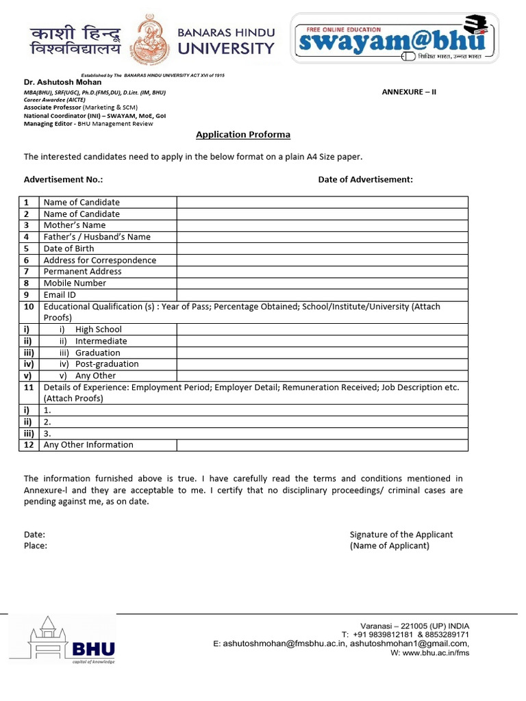 BHU Swayam Application Form 2025 | PDF