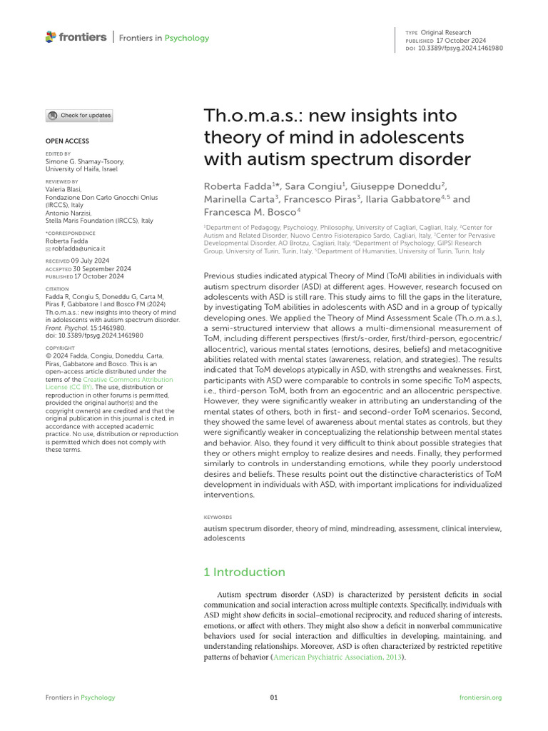 Th.o.m.a.s. New Insights Into Theory of Mind in Adolescents With Autism ...