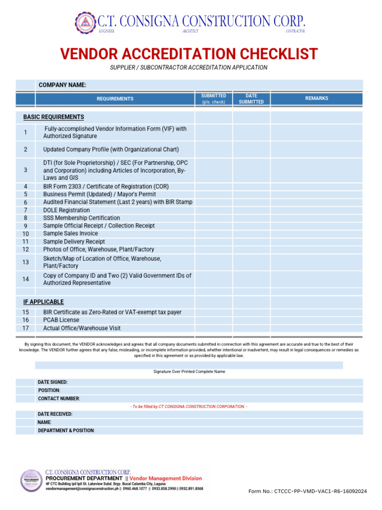 Vendor Accreditation Requirements Checklist | PDF | Receipt | Business