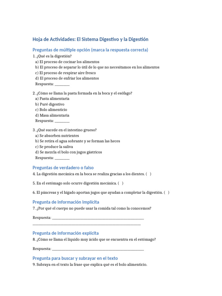 Hoja de Actividades Sistema Digestivo | PDF
