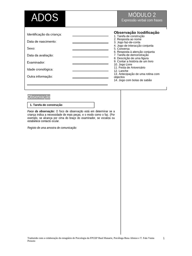ADOS-2-Autism-Diagnostic-Observation-Schedule | PDF | Brinquedos | Autismo