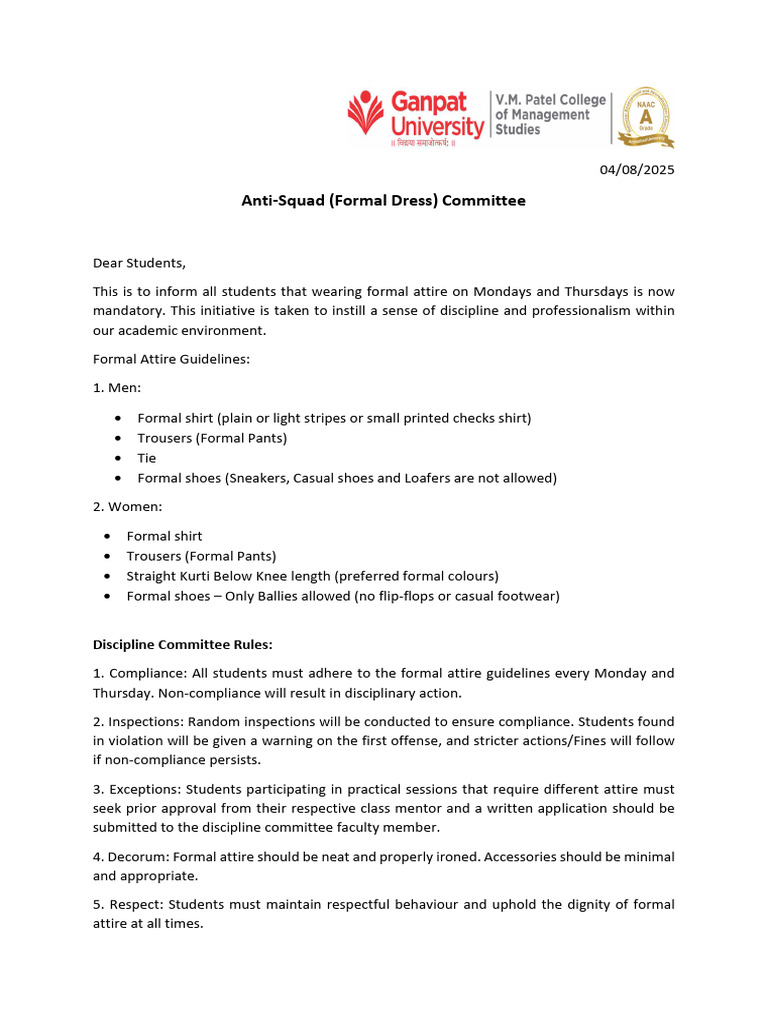 Anti Squad Committe Notice 2025 | PDF | Trousers | Dress Codes