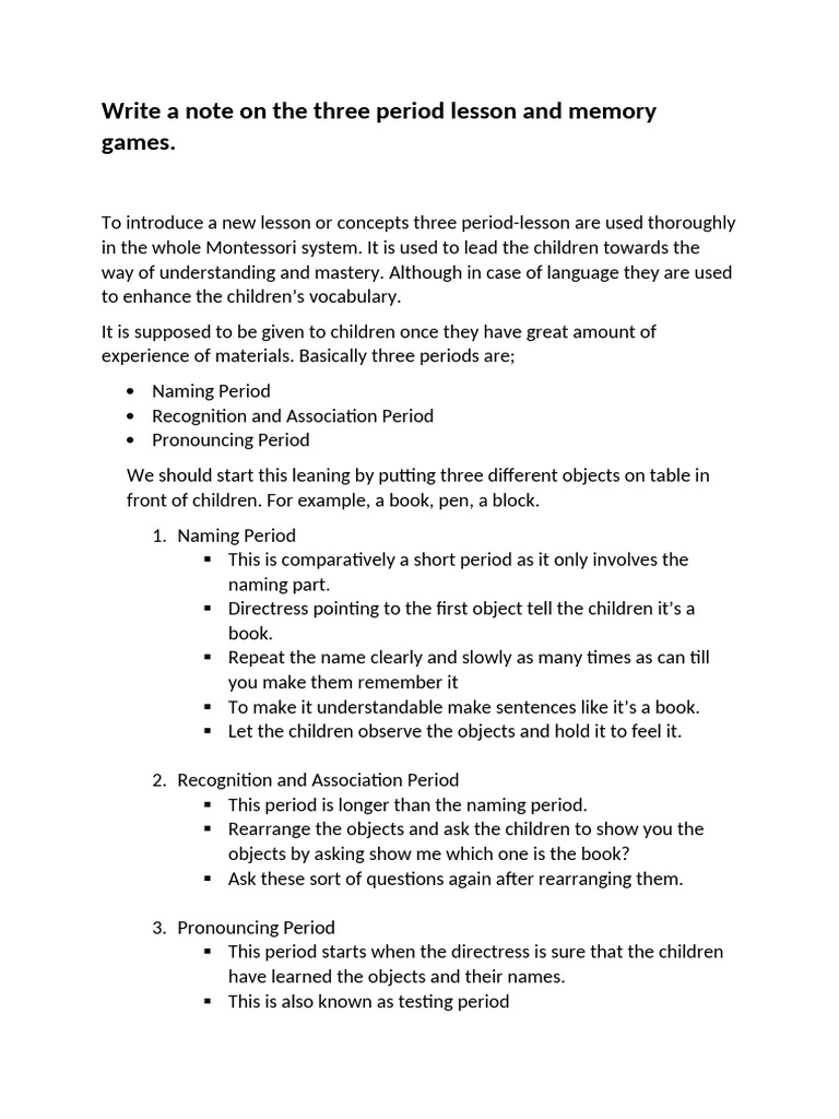Three Period Lesson & Memory Games Guide | PDF | Cognitive Psychology ...