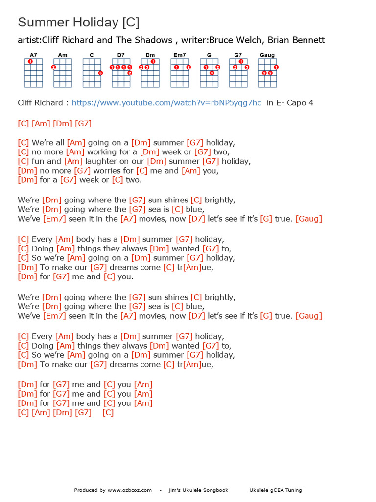 Jim's Ukulele Songbook: Summer Holiday | PDF