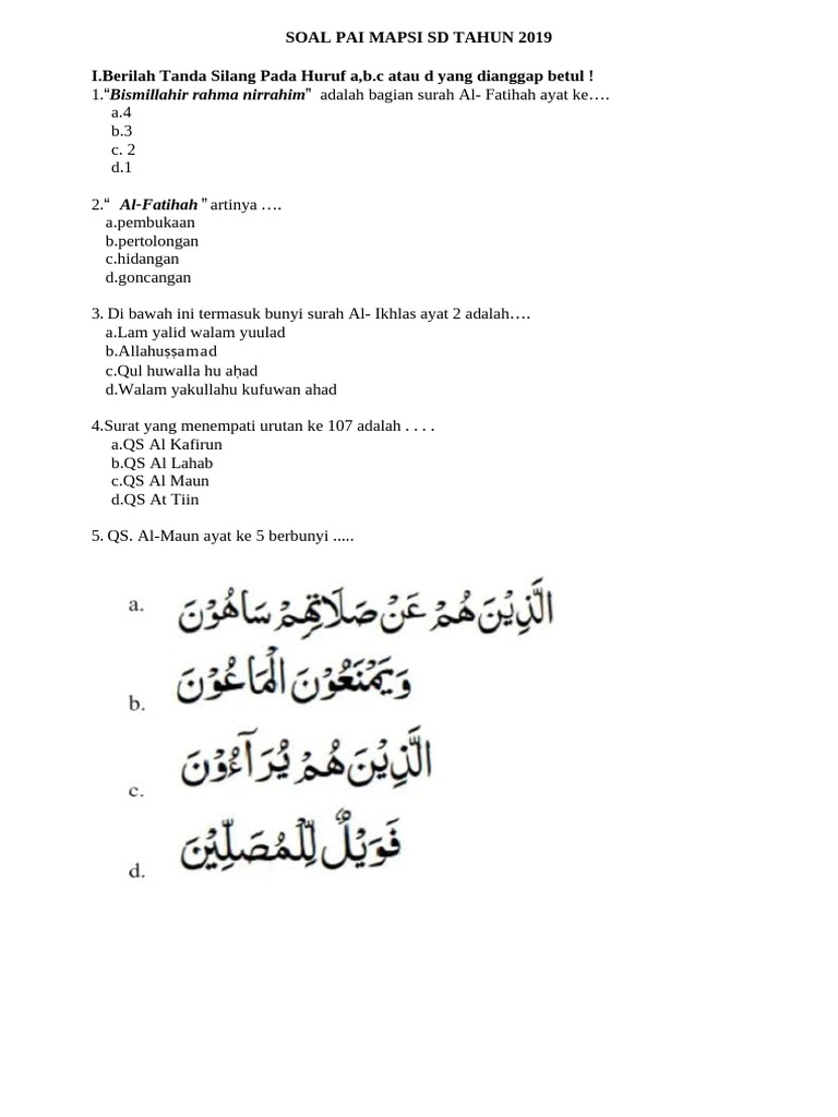 Soal PAI MAPSI SD 2019 | PDF