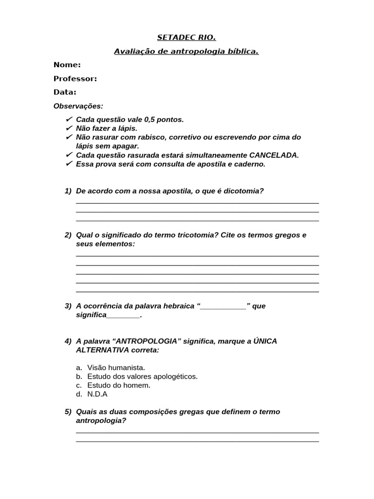 Avaliac A o de Antropologia Bi Blica | PDF | Antropologia | Bíblia