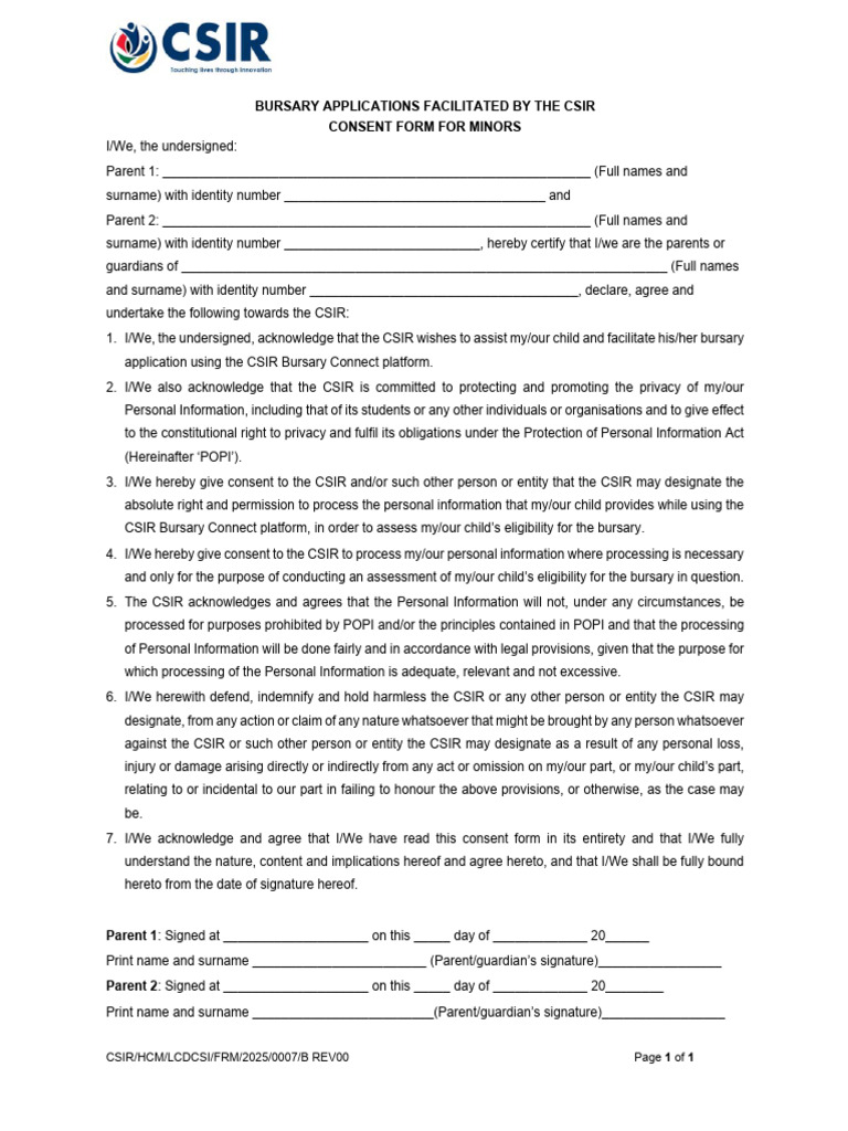 CSIR POPI Consent Form For Minors | PDF | Common Law | Government