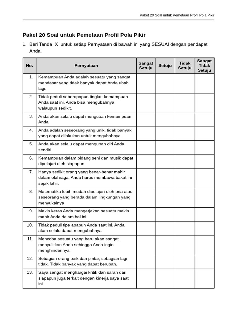 Paket 20 Soal Untuk Pemetaan Profil Pola Pikir | PDF