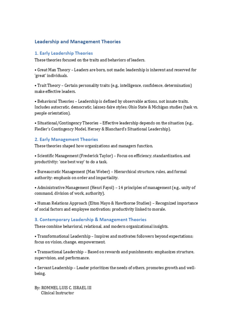 Leadership and Management Theories Overview | PDF | Leadership | Social ...