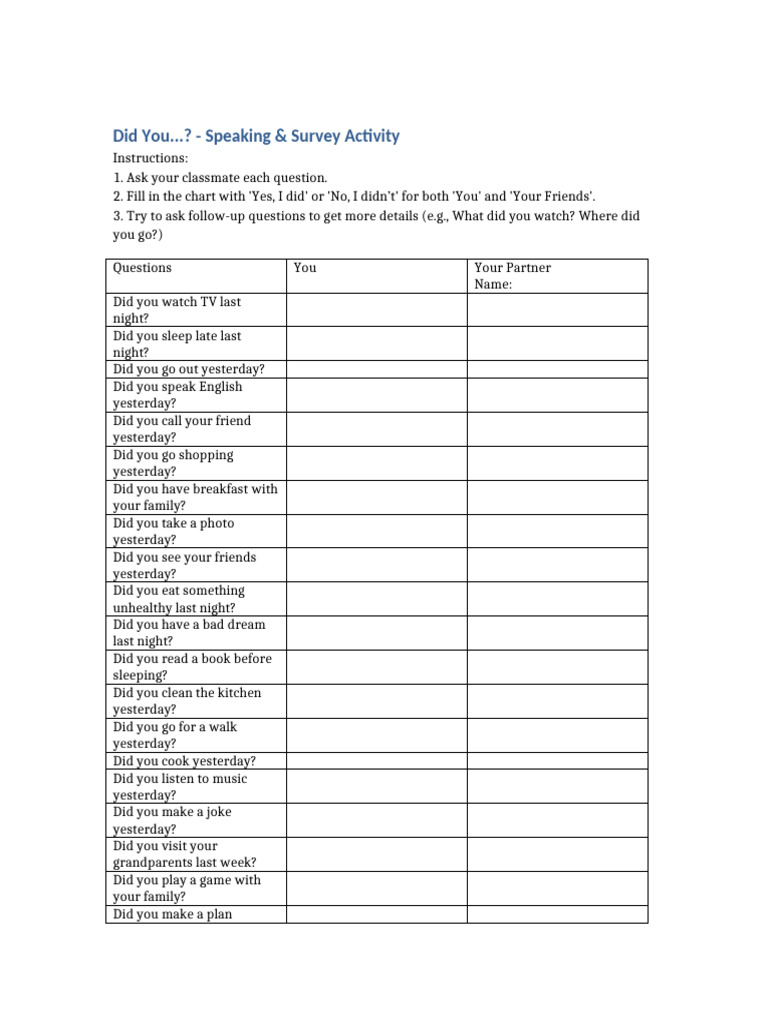 Speaking Survey Activity Guide | PDF