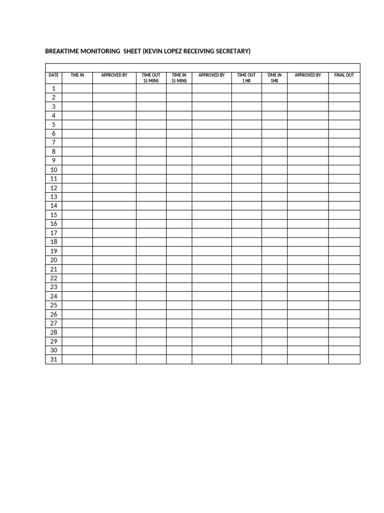 Breaktime Monitoring Sheet | PDF