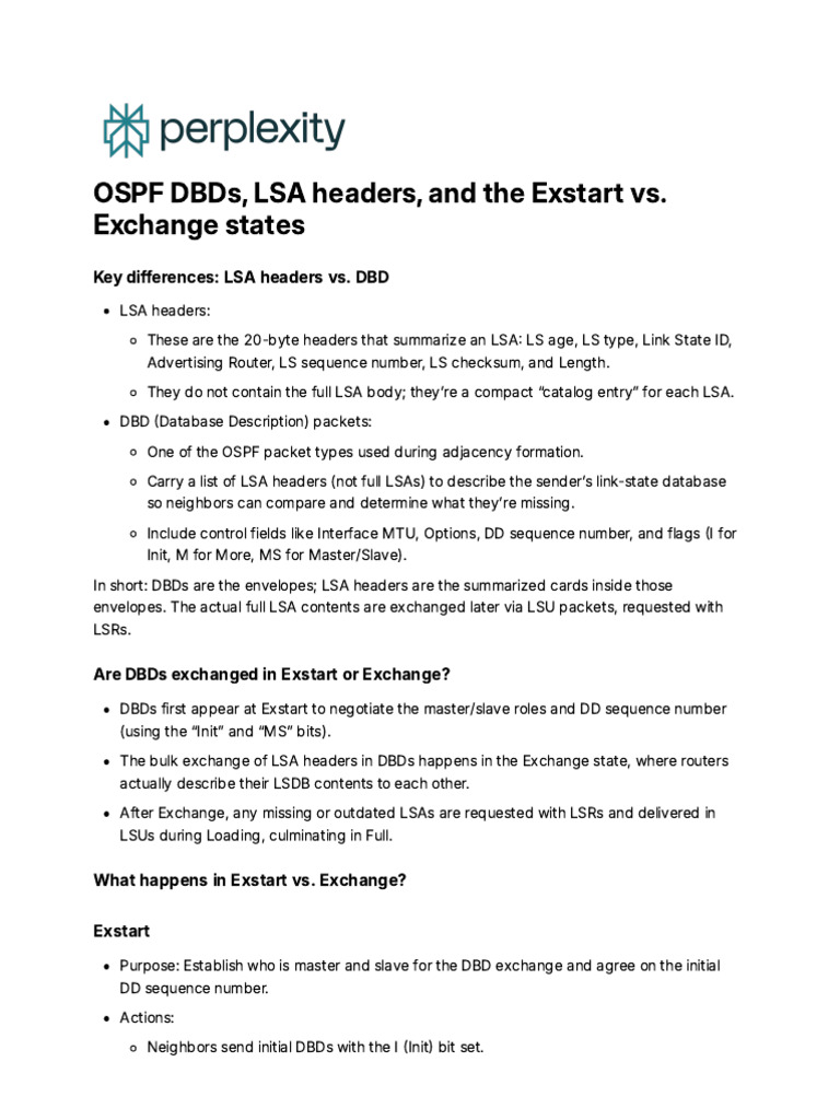 OSPF DBDS, LSA Headers, and The Exstart vs. Exchange | PDF | Network ...