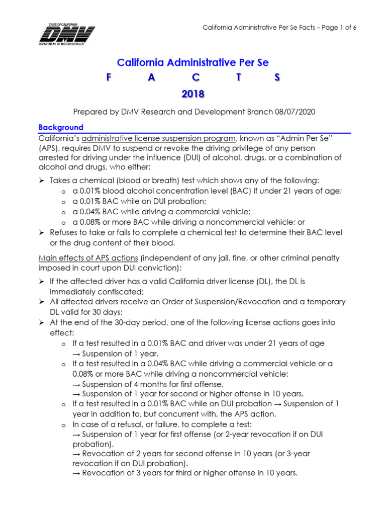 California .08 BAC License Suspension Facts | PDF | Drunk Driving In ...